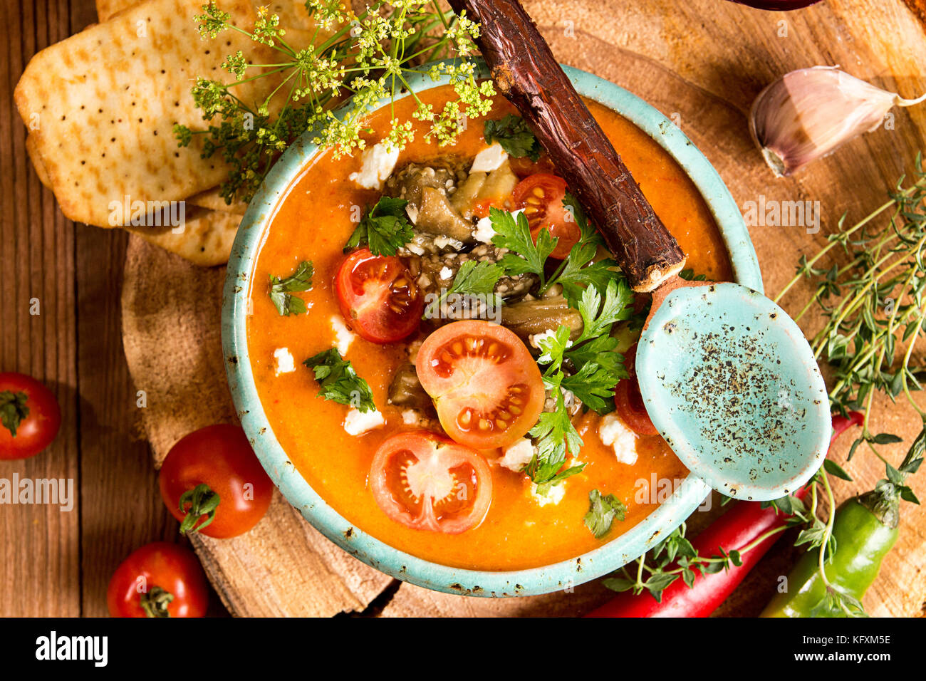 Cream puree soup from baked tomatoes, eggplants, pepper, red onion ...