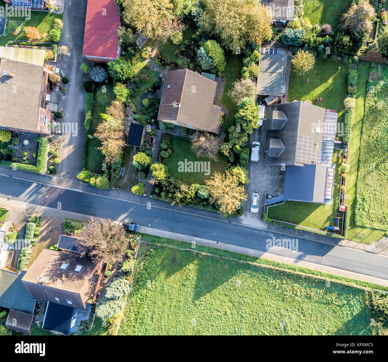 Aerial photo with the drone, anew build-up plot with single houses and ...