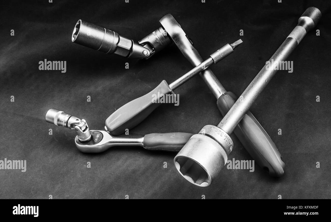 Socket wrench set, ratchet and screwdriver in black-white, abstract ...