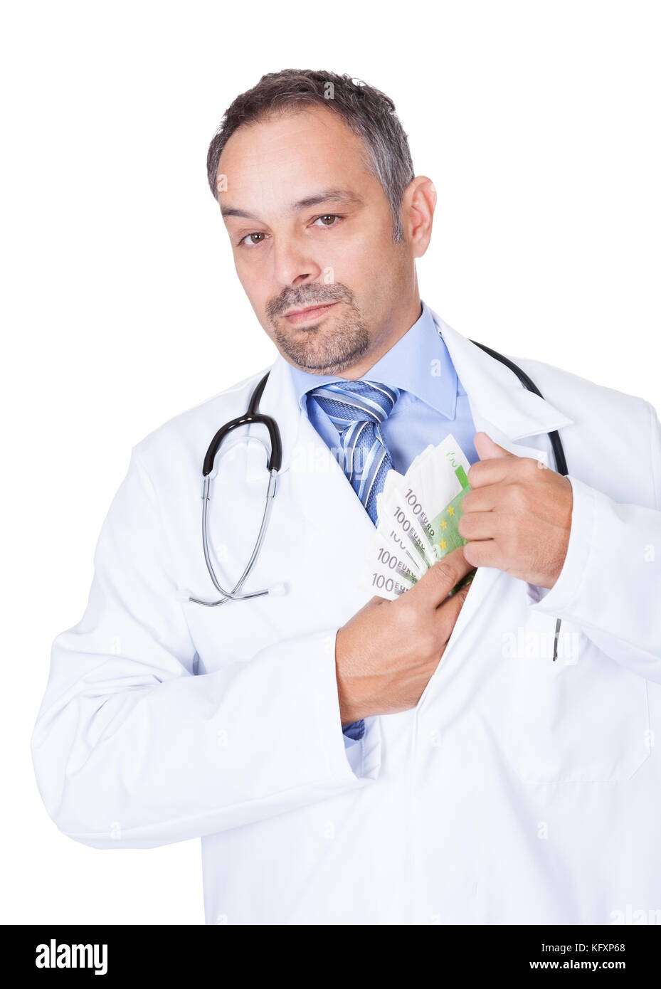 Happy Doctor Holding Euro Notes On White Background Stock Photo - Alamy