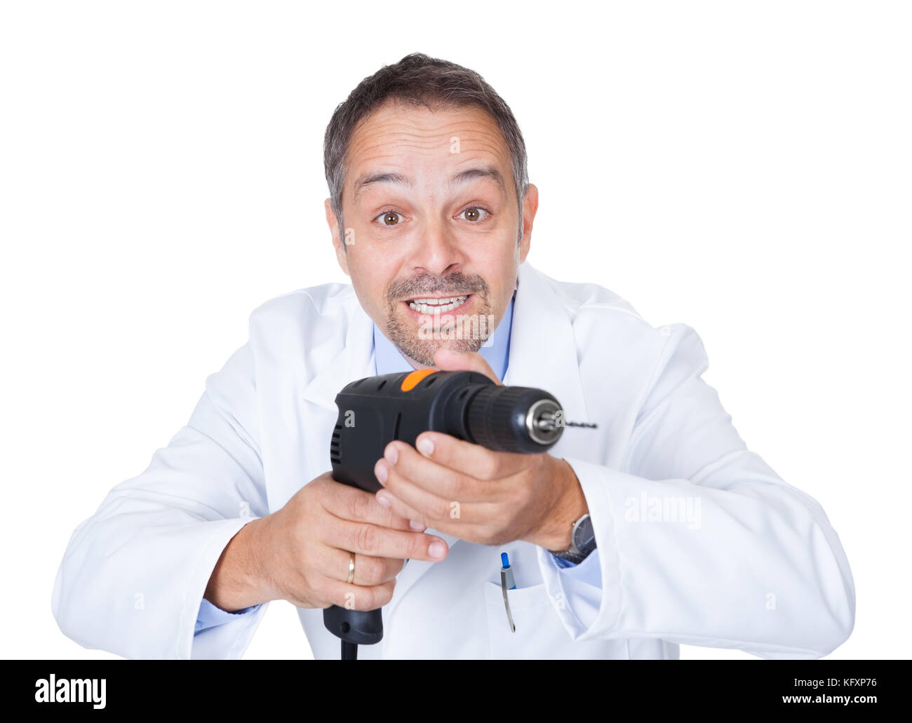 Doctor Holding Drill Machine On White Background Stock Photo - Alamy
