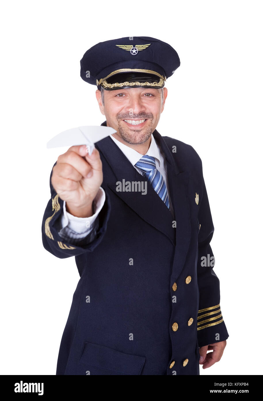 Portrait Of Happy Pilot On White Background Stock Photo - Alamy