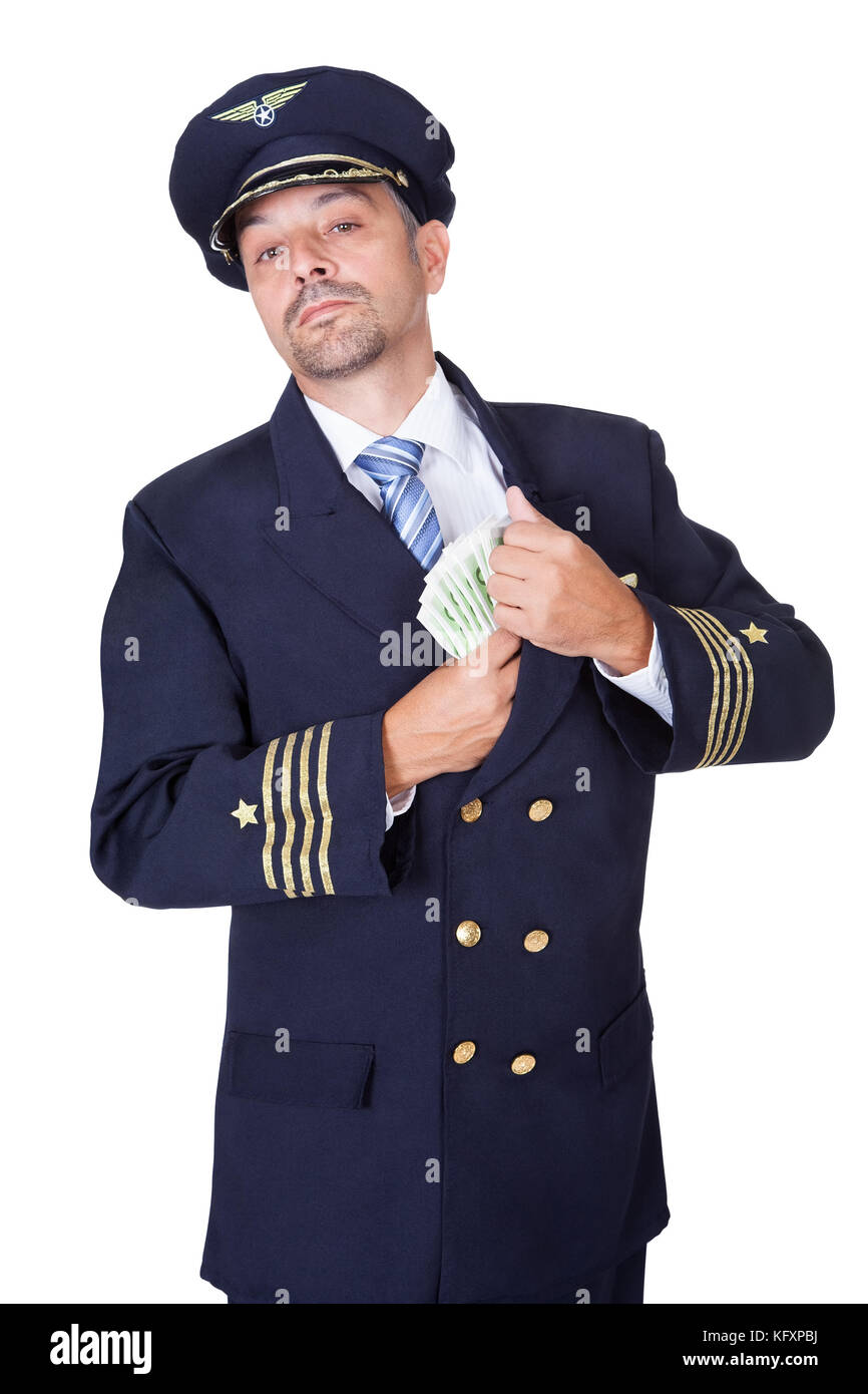 Portrait Of Happy Pilot Holding Euros On White Background Stock Photo ...