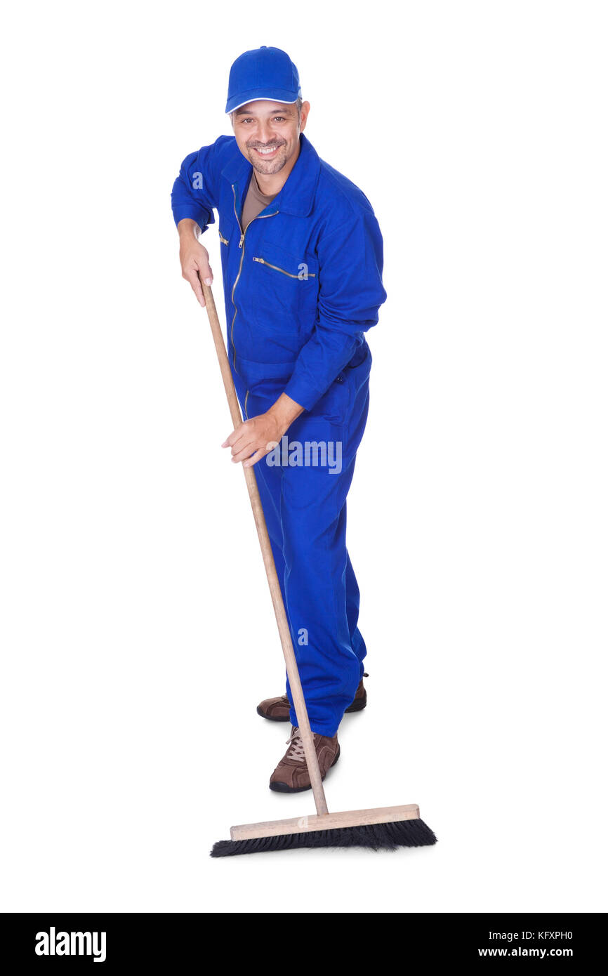 Happy Sweeper Cleaning Floor On White Background Stock Photo - Alamy
