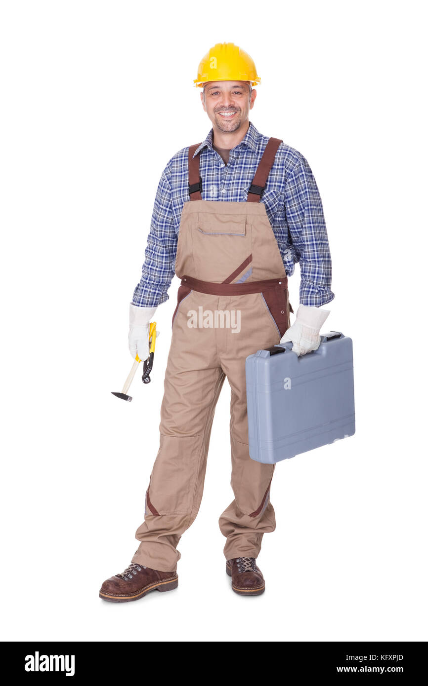 Happy Construction Worker Holding Toolbox On White Background Stock ...