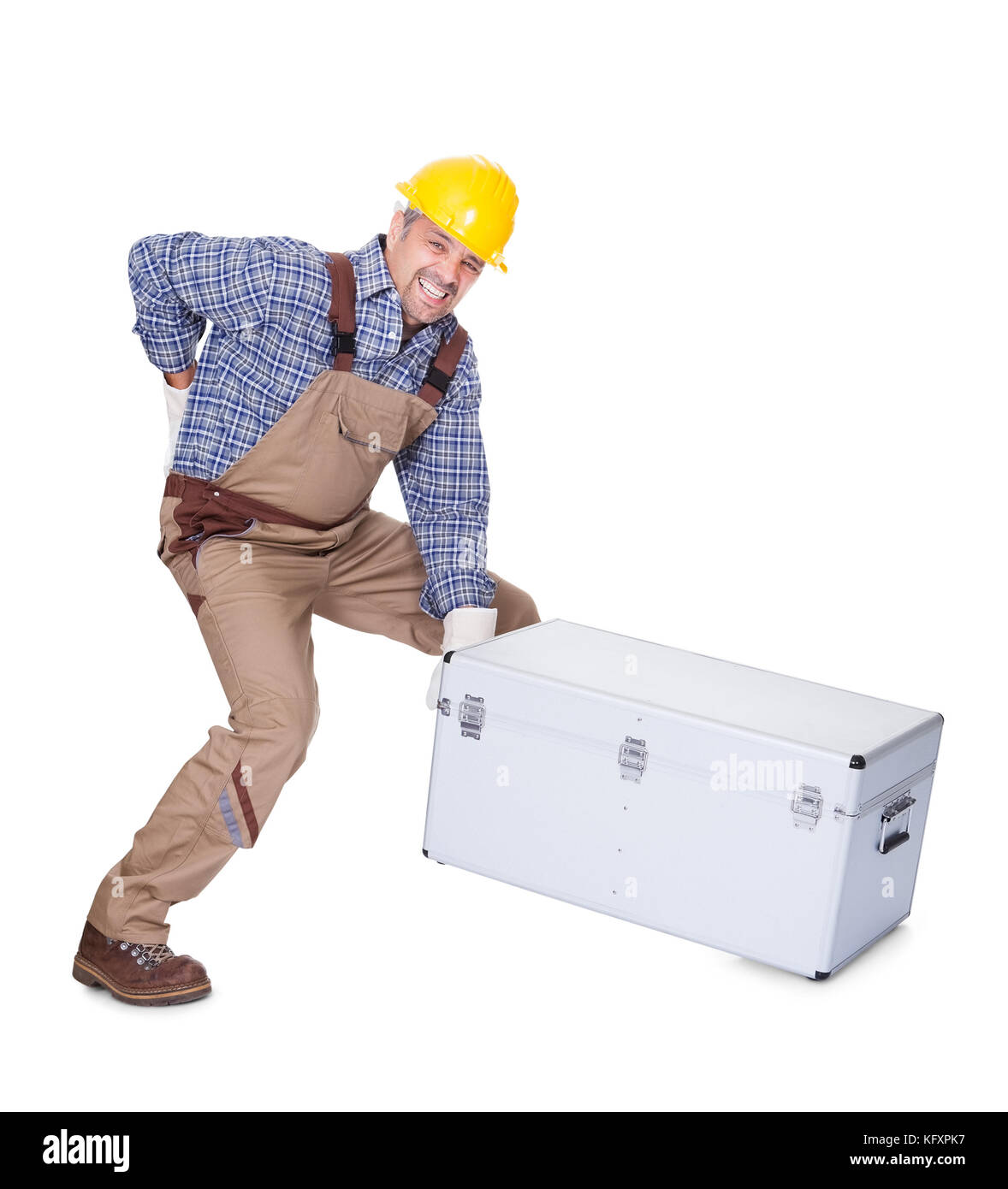 Man With Back Pain Lifting Metal Box Isolated On White Background Stock ...