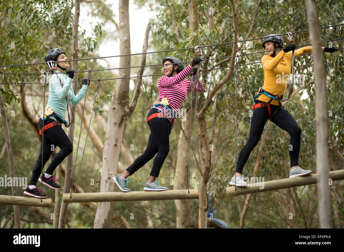 Happy Friends enjoying zip line adventure in park Stock Photo - Alamy