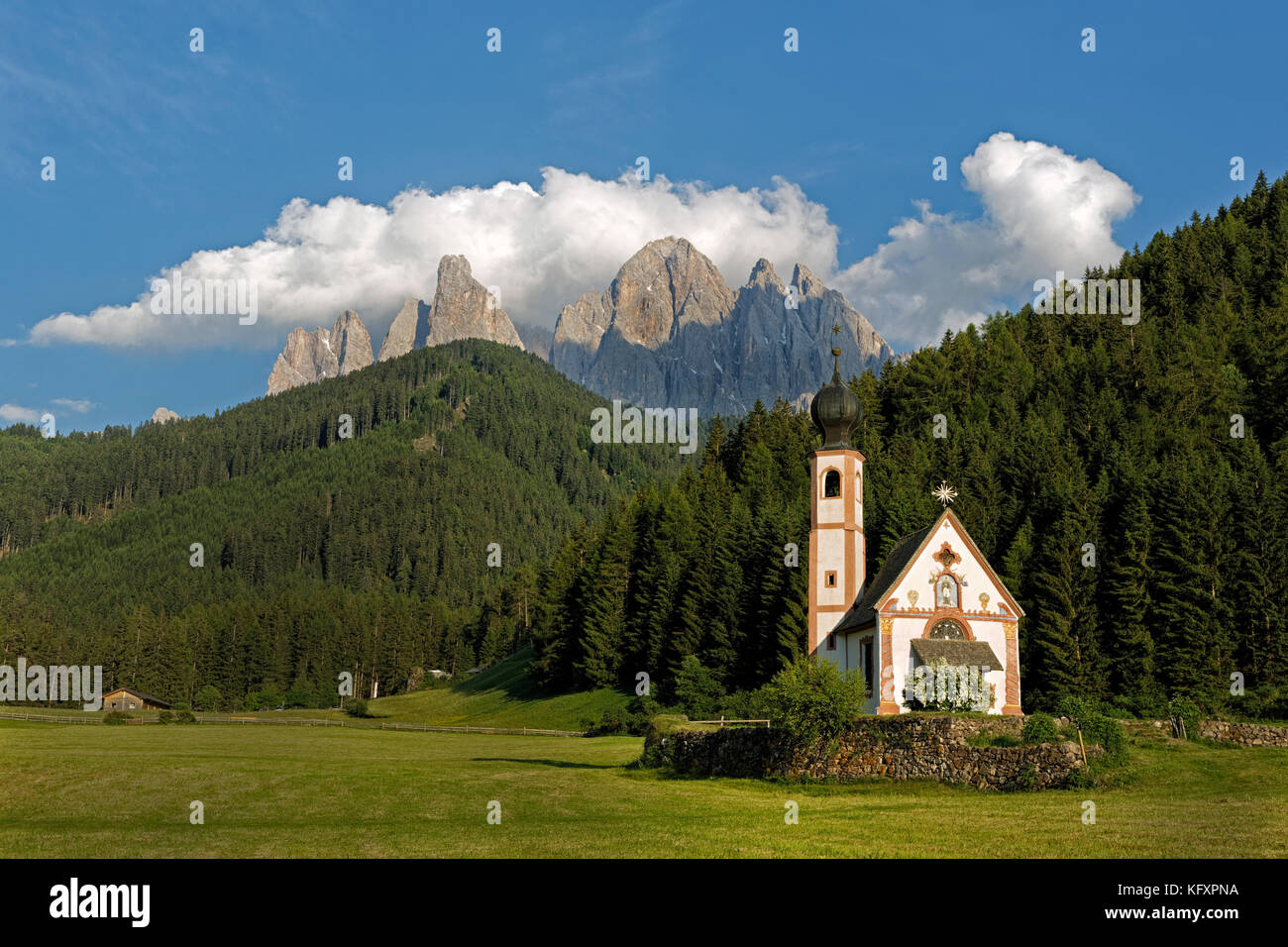 Church St. Johann in Ranui with Odle Group mountain range, Villnöß ...