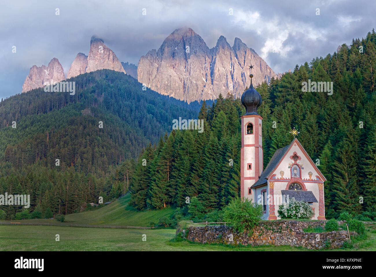 Church St. Johann in Ranui with Odle Group mountain range, Villnöß ...