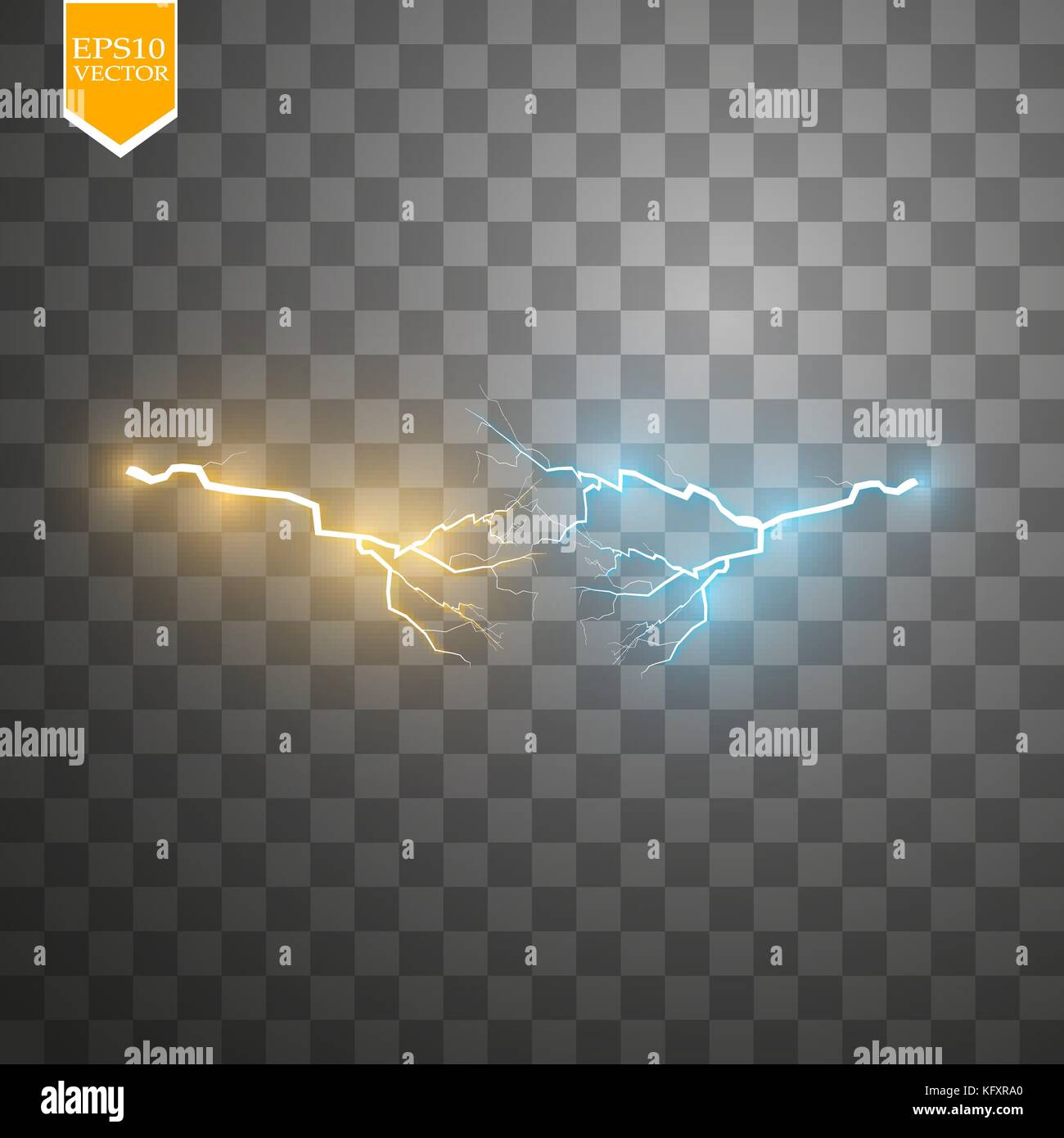 Collision of two forces with gold and blue light. Vector illustration ...