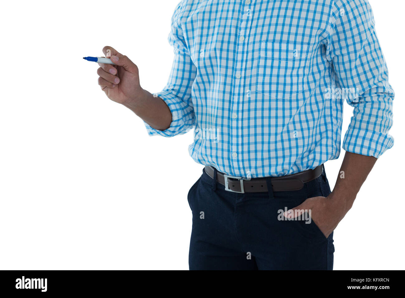 Mid-section of male executive writing on invisible screen Stock Photo ...