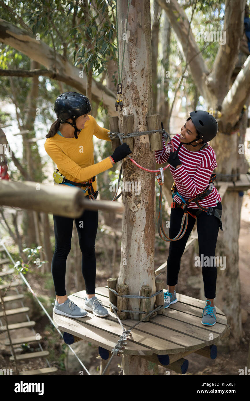 Two happy female friends enjoying zip line adventure in park Stock ...