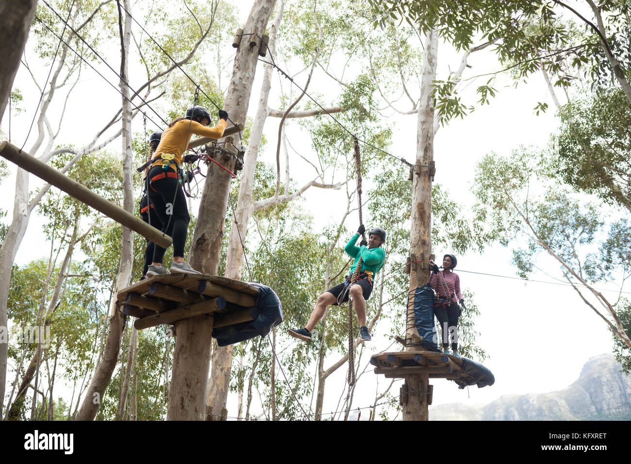 Friends enjoying zip line adventure in park on a sunny day Stock Photo ...