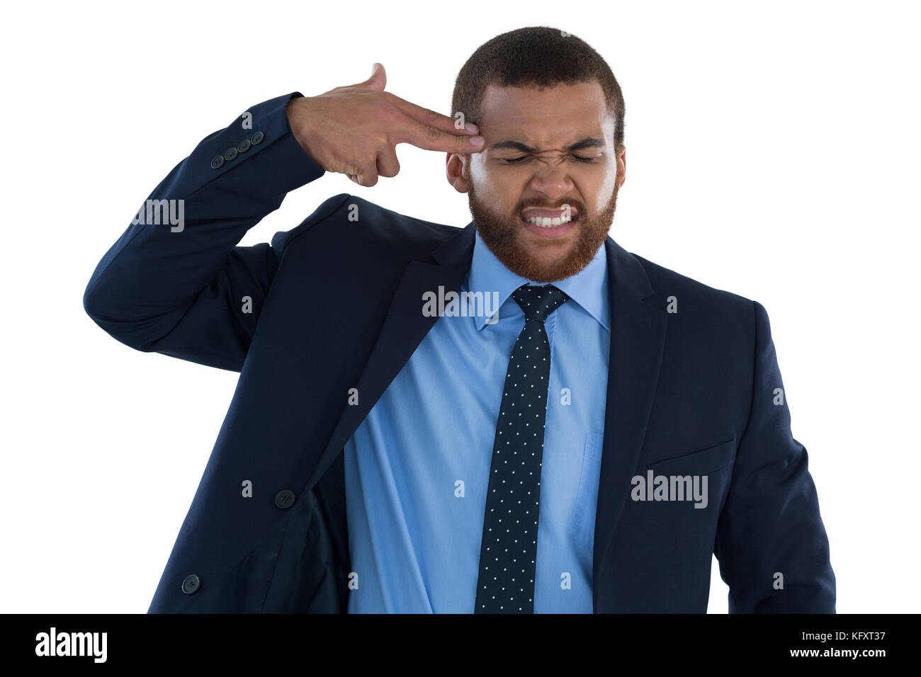 Businessman making gun gesture against white background Stock Photo - Alamy