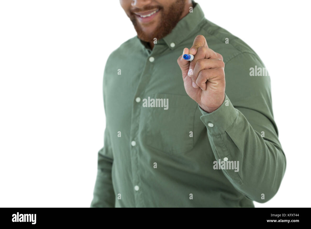 Mid-section of male executive writing on invisible screen Stock Photo ...