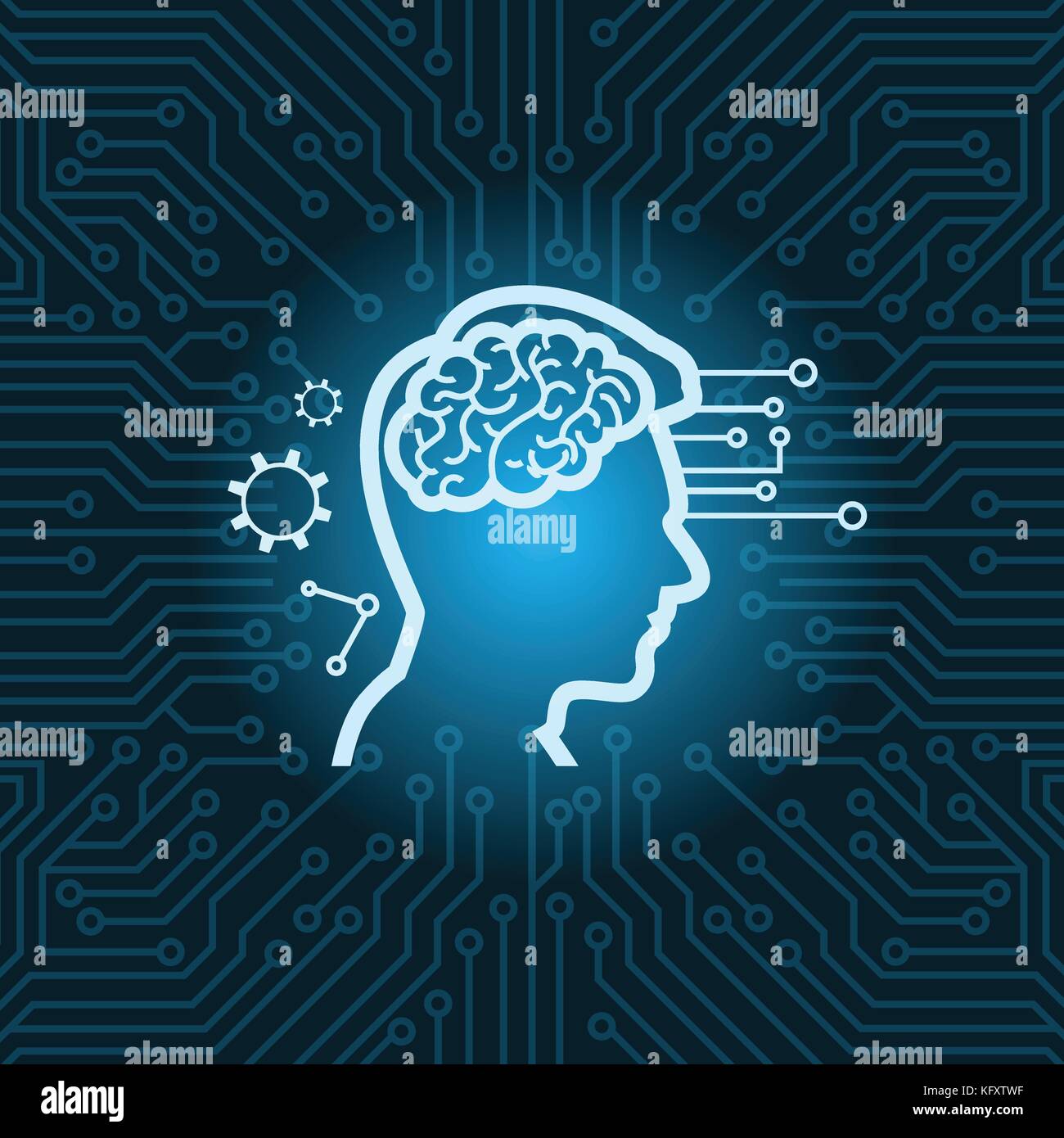 Human Head With Digital Brain Icon Over Blue Circuit Motherboard ...