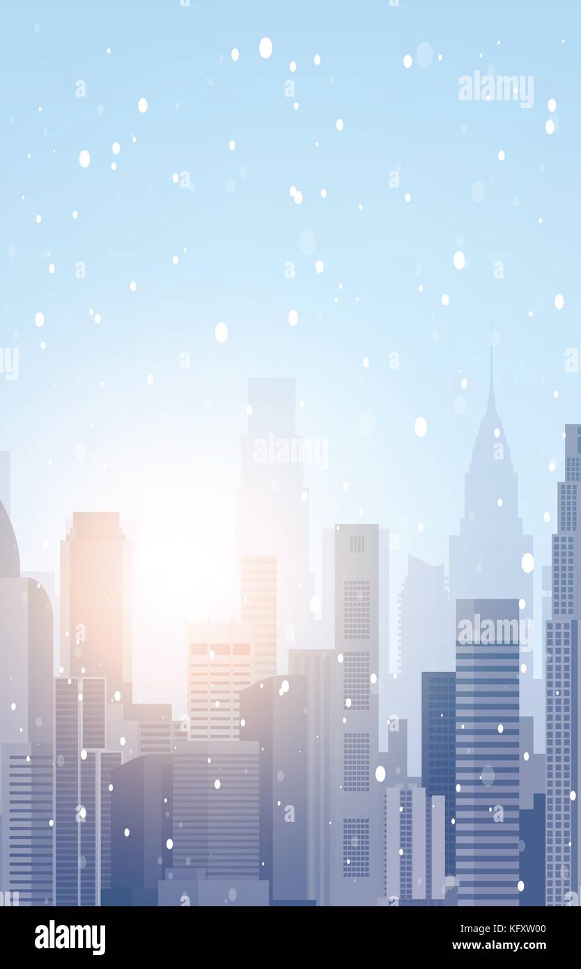 Beautiful Winter City Landscape Skyscraper Buildings In Snow Merry ...