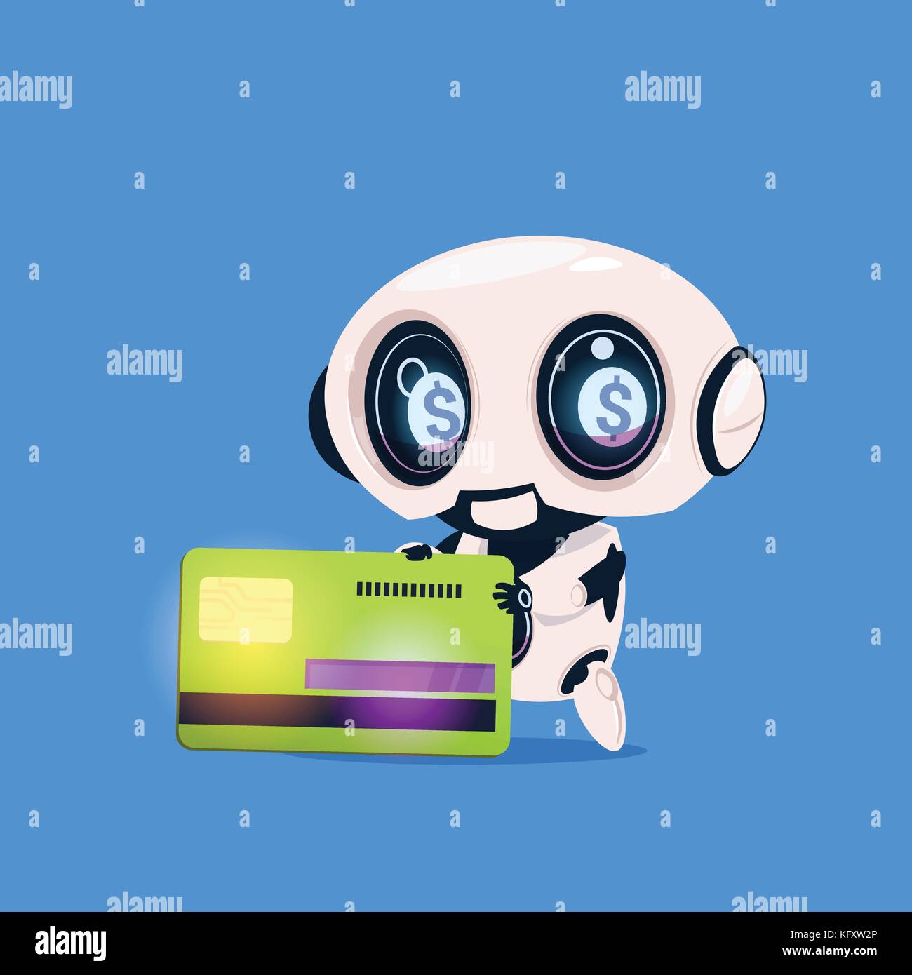 Cute Robot Hold Credit Card Isolated Icon On Blue Background Modern ...