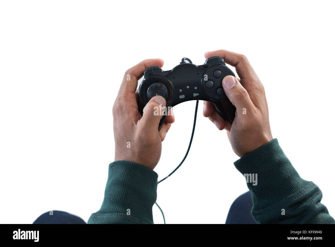 Hand of man playing video game against white background Stock Photo - Alamy
