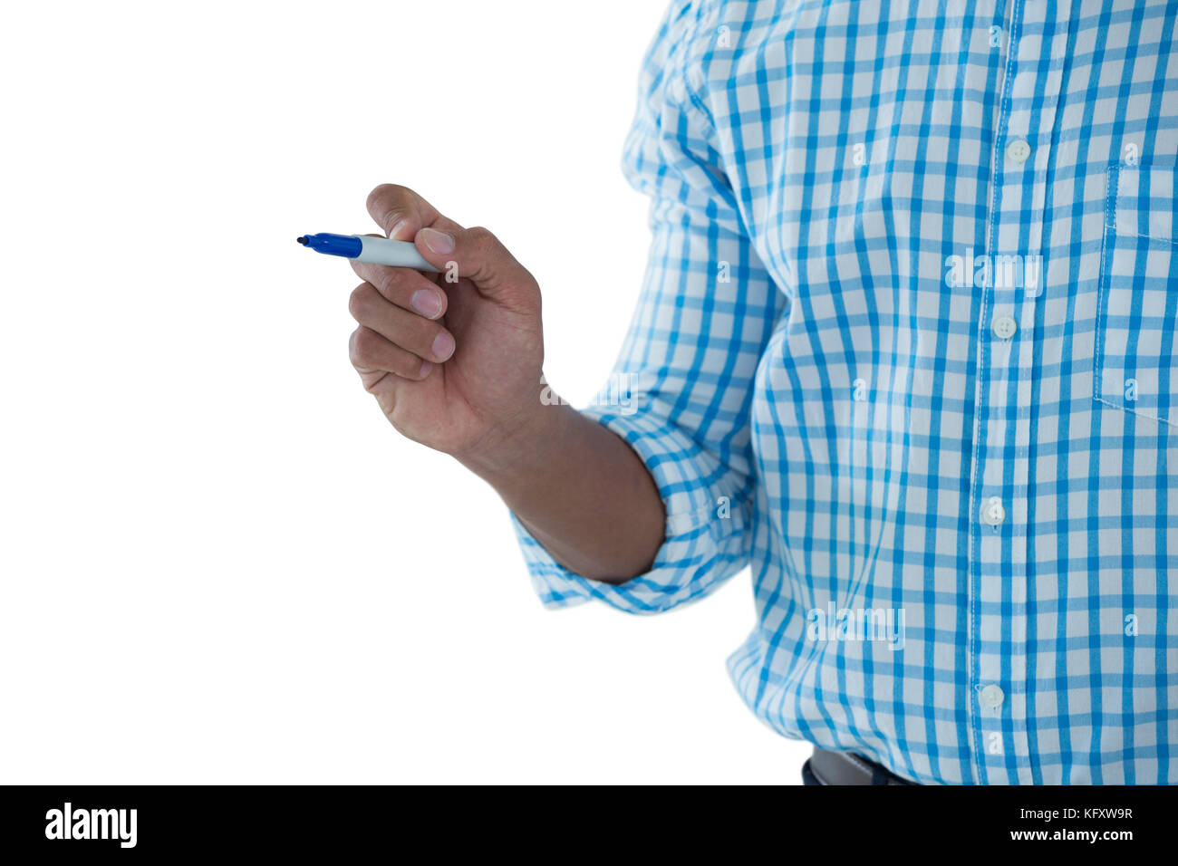 Mid-section of male executive writing on invisible screen Stock Photo ...