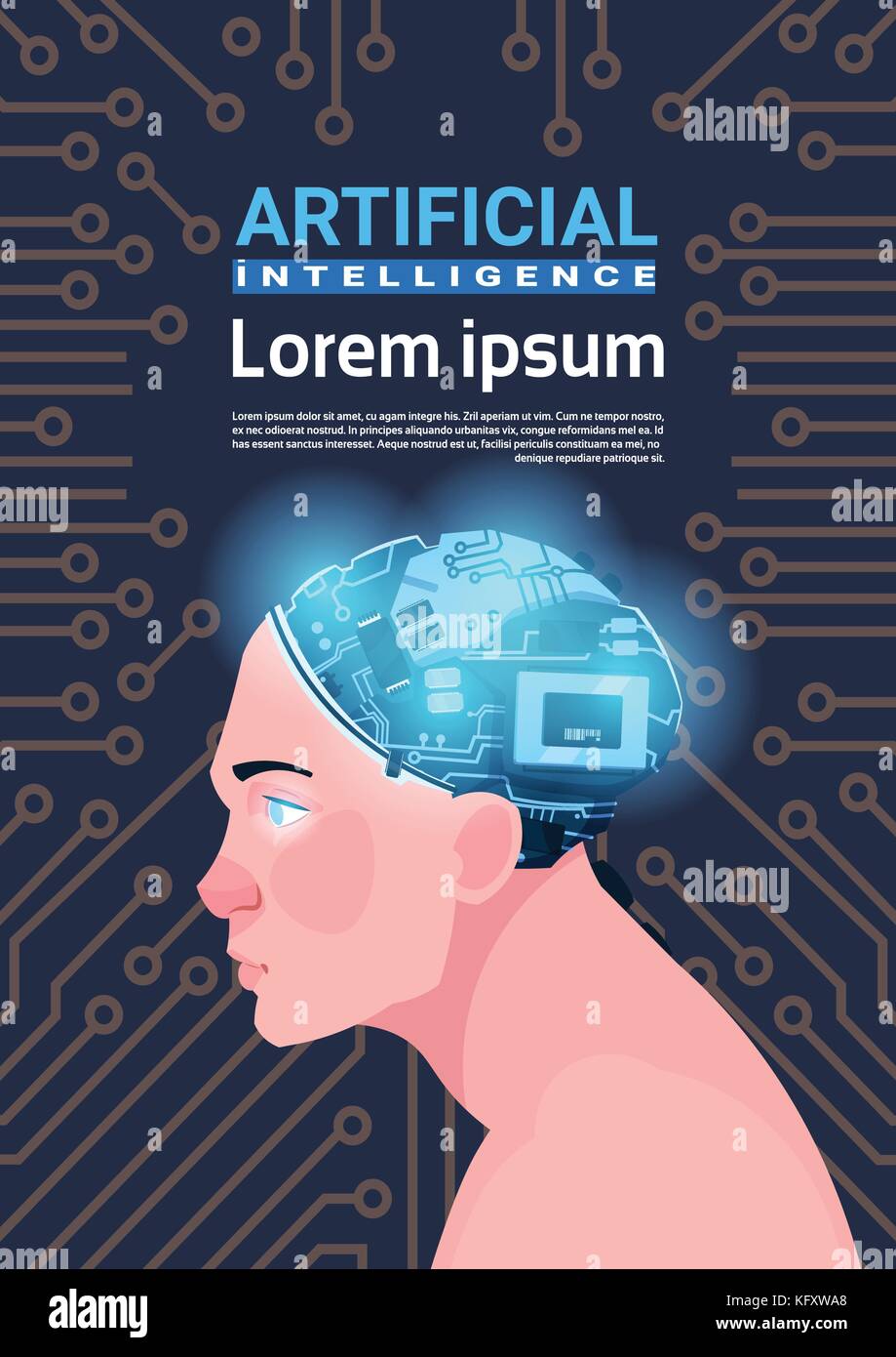 Male Head With Modern Cyborg Brain Over Circuit Motherboard Background ...