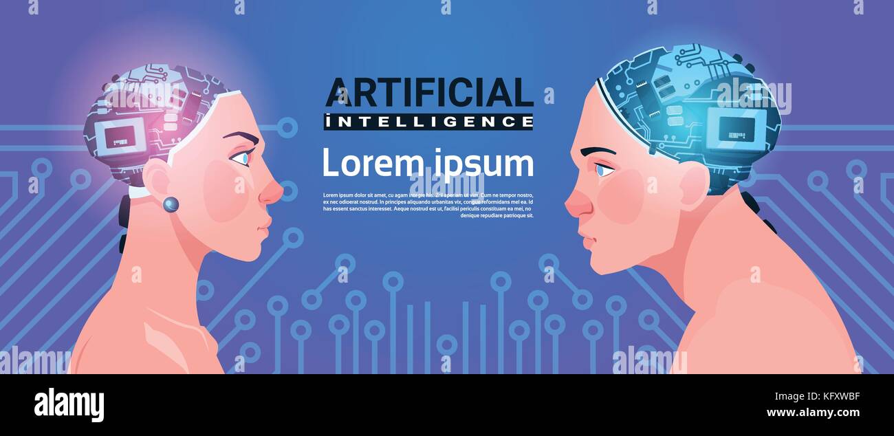 Male And Female Heads With Modern Cyborg Brain On Circuit Background ...
