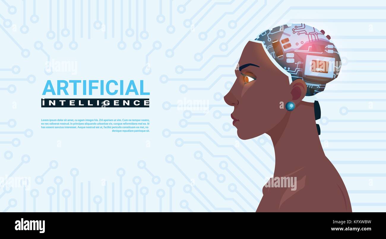 Female African American Head With Modern Cyborg Brain Over Circuit ...