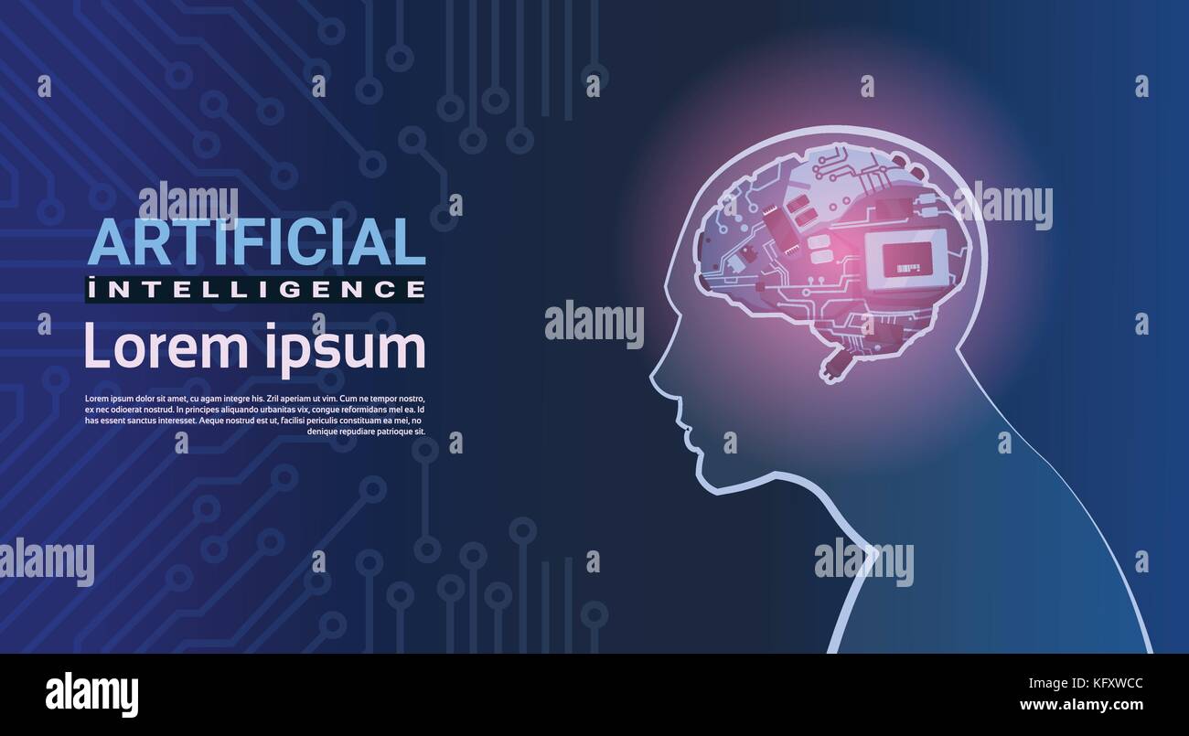 Human Head With Modern Cyborg Brain Mechanism Over Circuit Motherboard ...