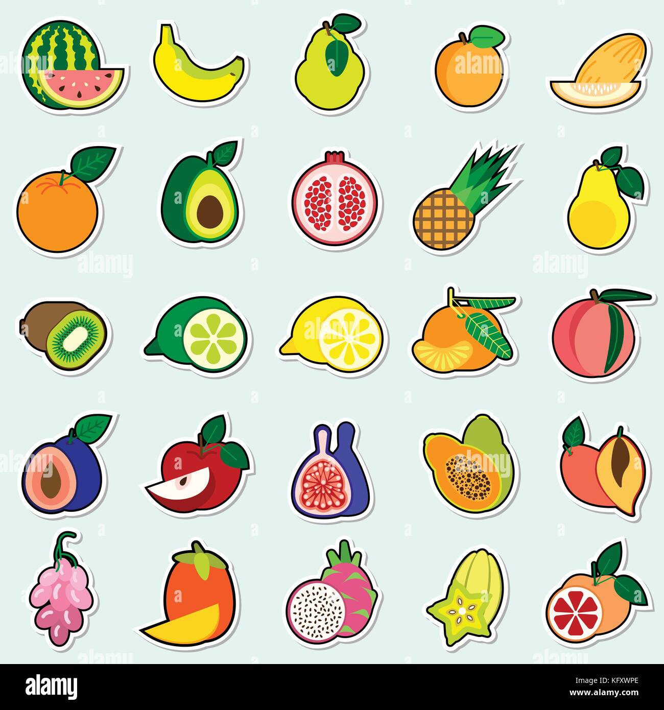 Fruits Stickers On Blue Background Colorful Icons Collection Stock ...