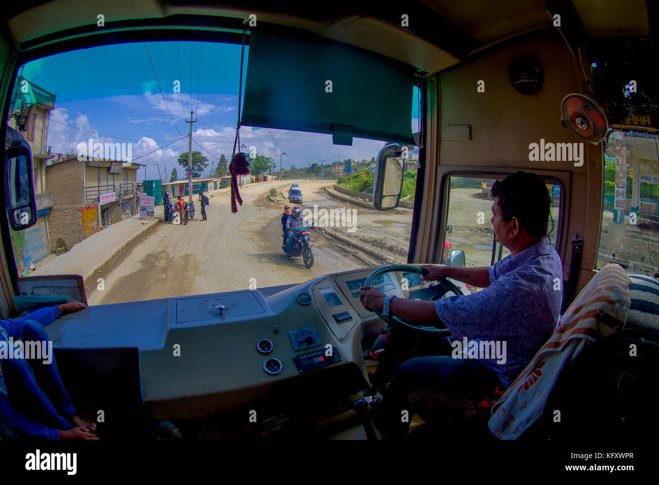 POKHARA, NEPAL OCTOBER 10, 2017: Close up of a bus driver from the ...