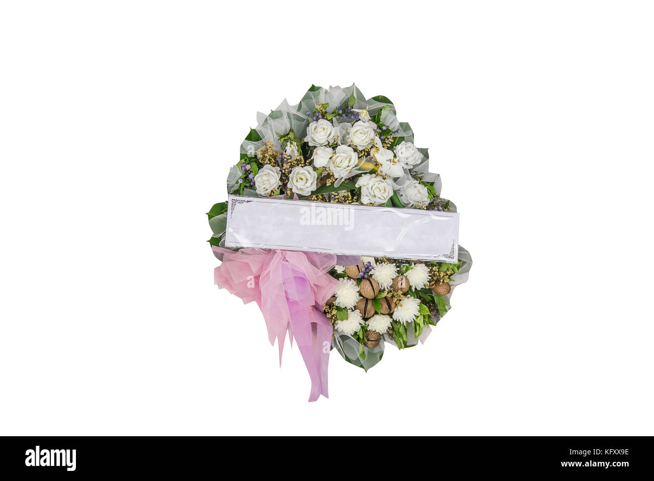 White rose Flower bouquet in round design with name tag Stock Photo - Alamy