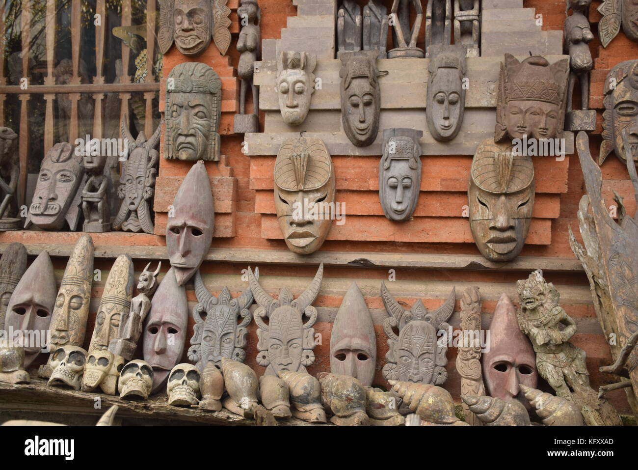 Traditional balinese wooden masks outside a shop in Ubud, Bali ...