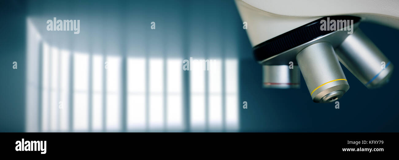 Close up on microscope in laboratory against abstract room Stock Photo ...