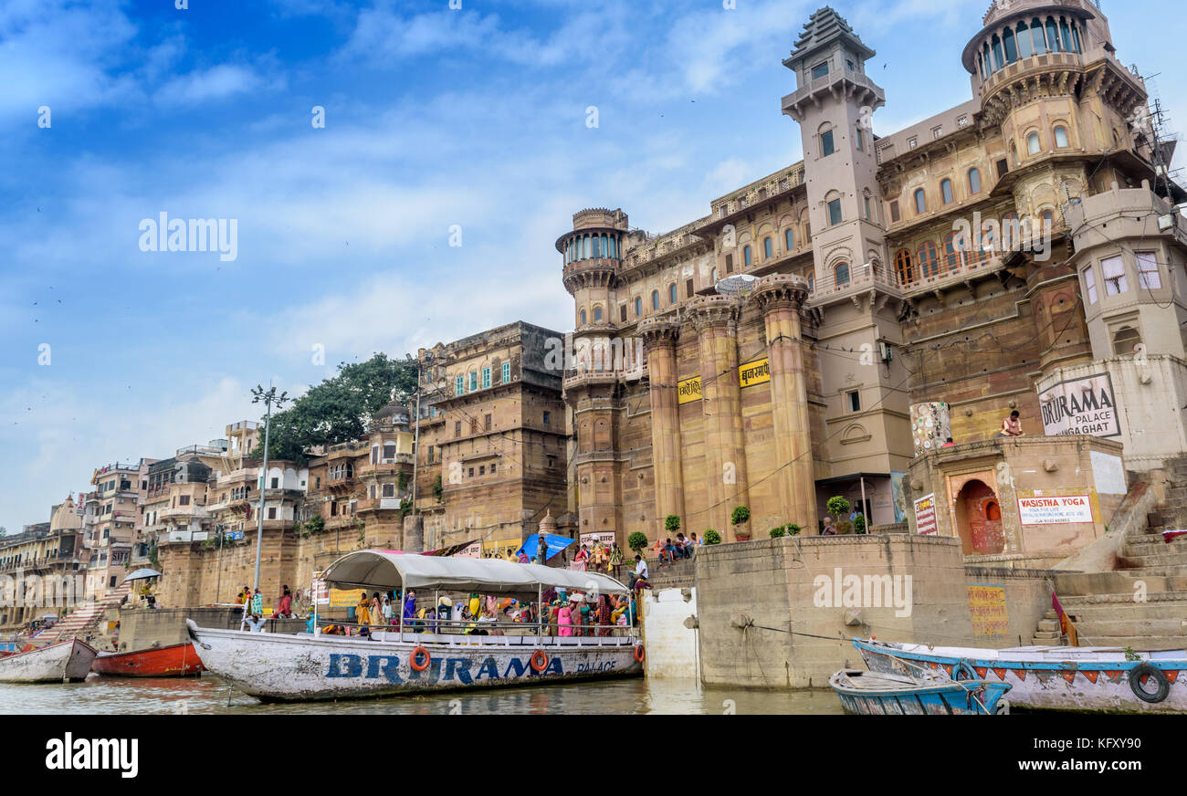 A view from River Ganges of Old Historical Varanasi city at the time of ...