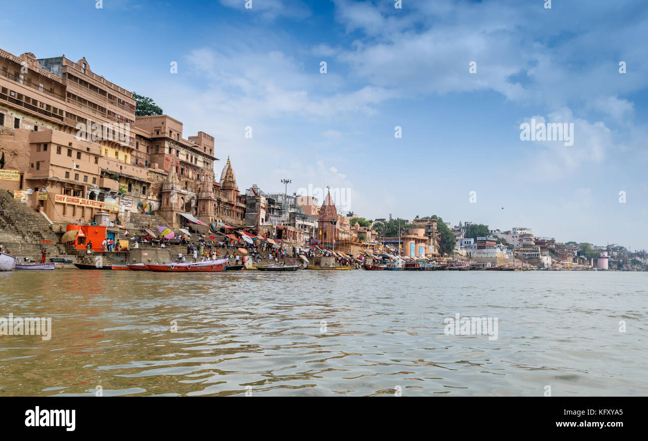 A view from River Ganges of Old Historical Varanasi city at the time of ...
