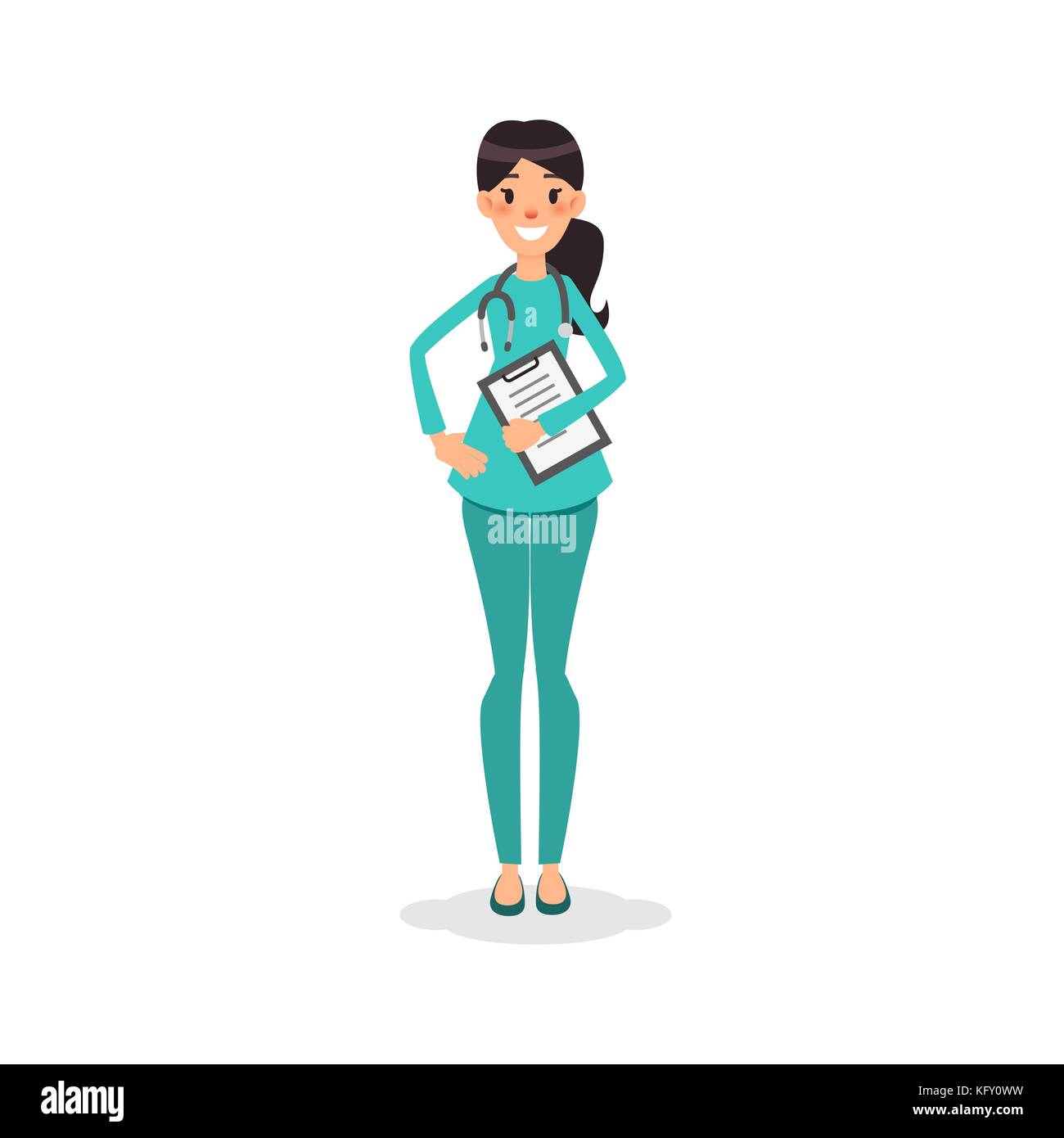 Cartoon flat nurse smiling. Young women doctor with stethoscope and ...