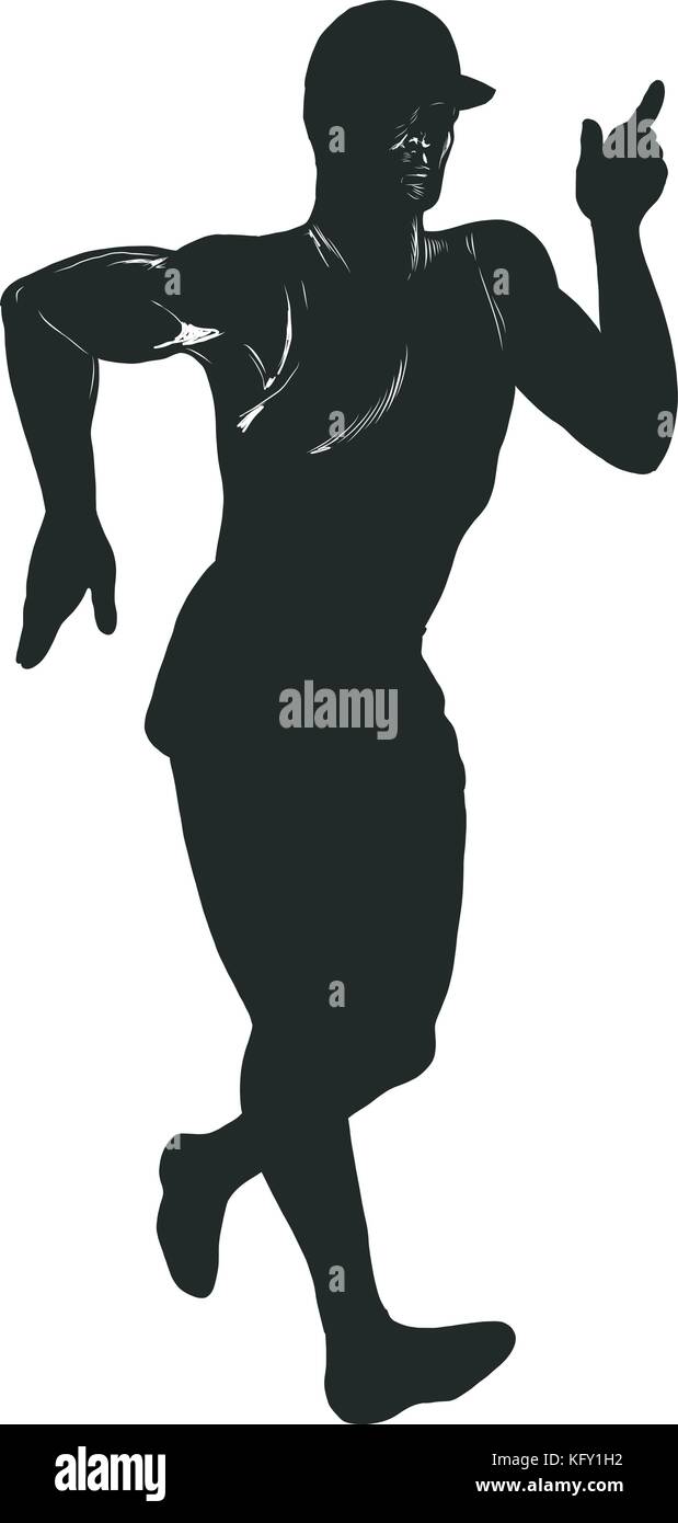 Scratchboard style illustration of an athlete race walker walking or ...