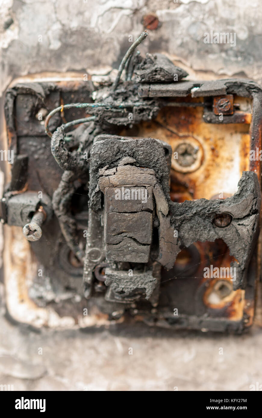 Electrical switch melted after burning in fire - abandoned sanatorium ...