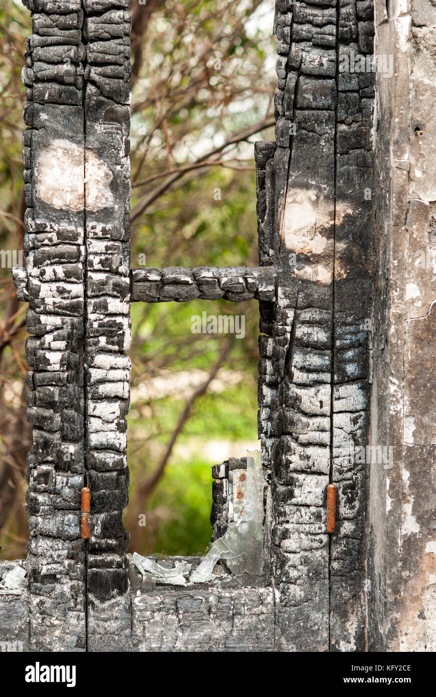 Window in burned house with green forest background Stock Photo - Alamy