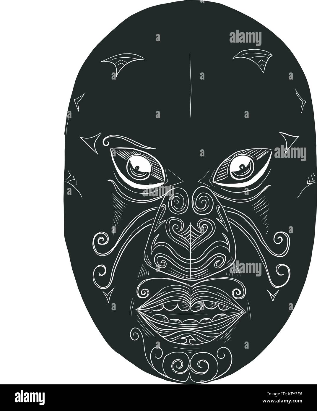 Scratchboard style illustration of a Maori mask looking fierce with ...