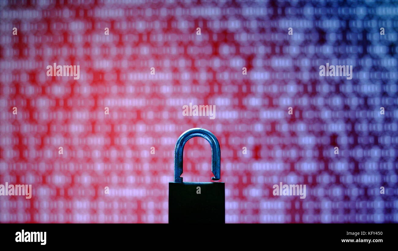 unlock lock in front of ransomware digital screen with numbers and ...