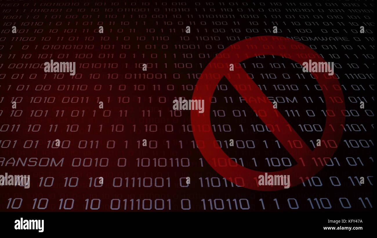 Red binary computer code ransom screen background with stop symbol sign ...