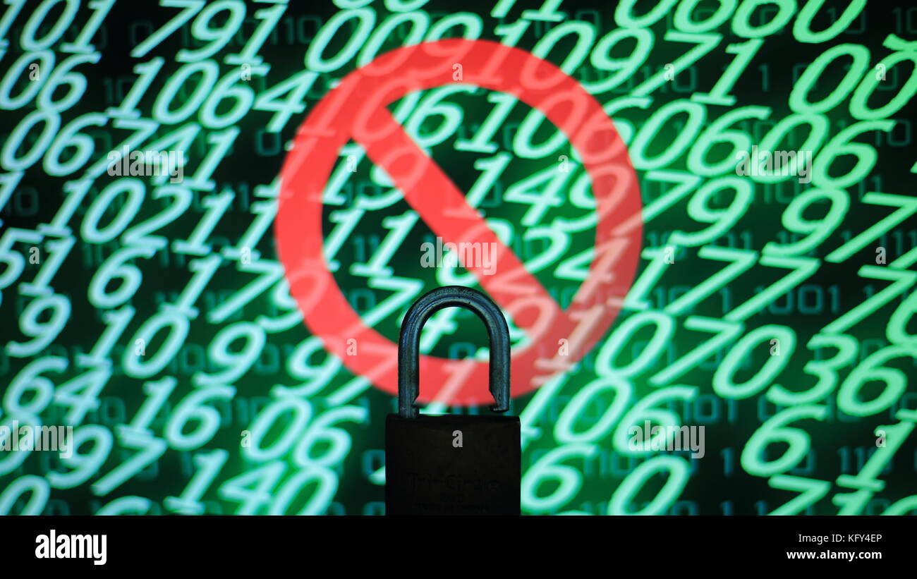 Visus or hacked computer screen Red binary computer code ransom screen background with stop ...