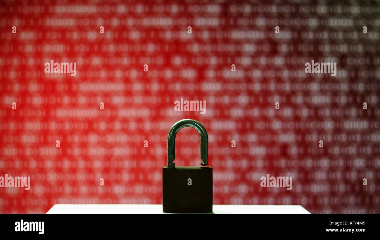 unlock lock in front of ransomware digital screen with numbers and ...