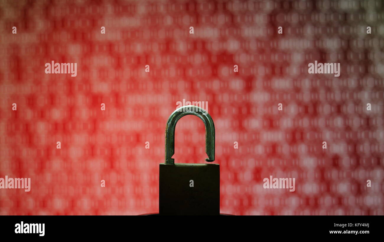 unlock lock in front of ransomware digital screen with numbers and ...