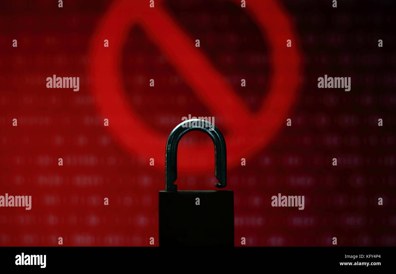 Visus or hacked computer screen Red binary computer code ransom screen background with stop ...