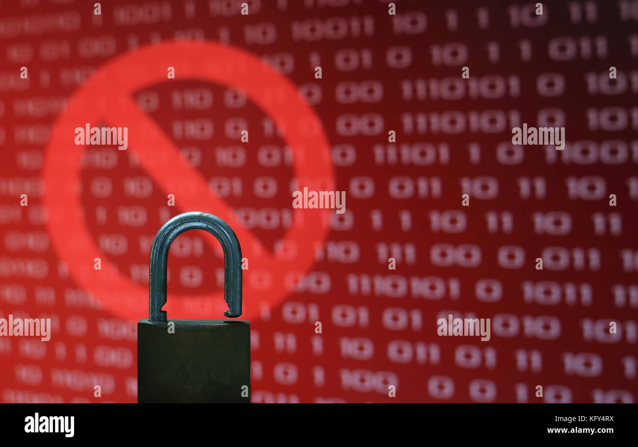 Visus or hacked computer screen Red binary computer code ransom screen background with stop ...