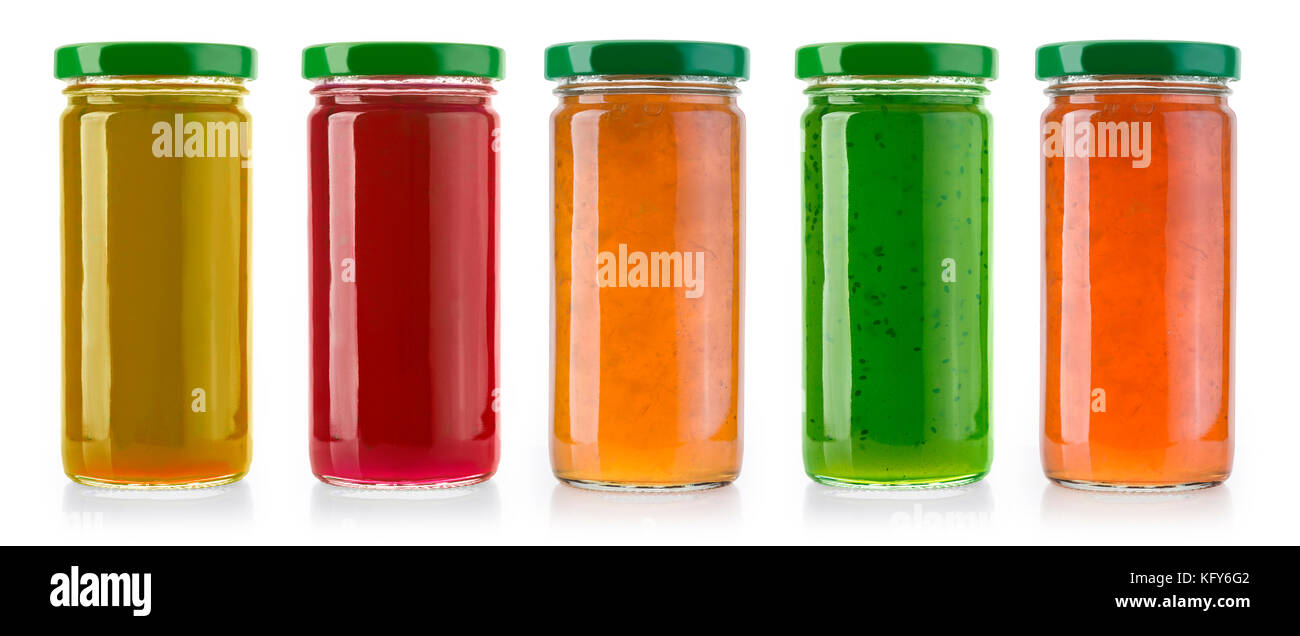 Jars of fruity jams isolated on white background. Preserved fruits ...