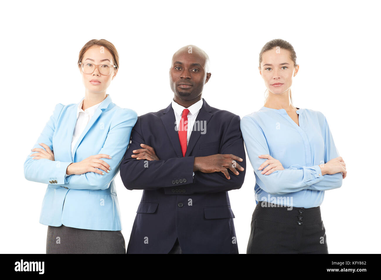 Portrait of confident multi-ethnic business team of three on white ...