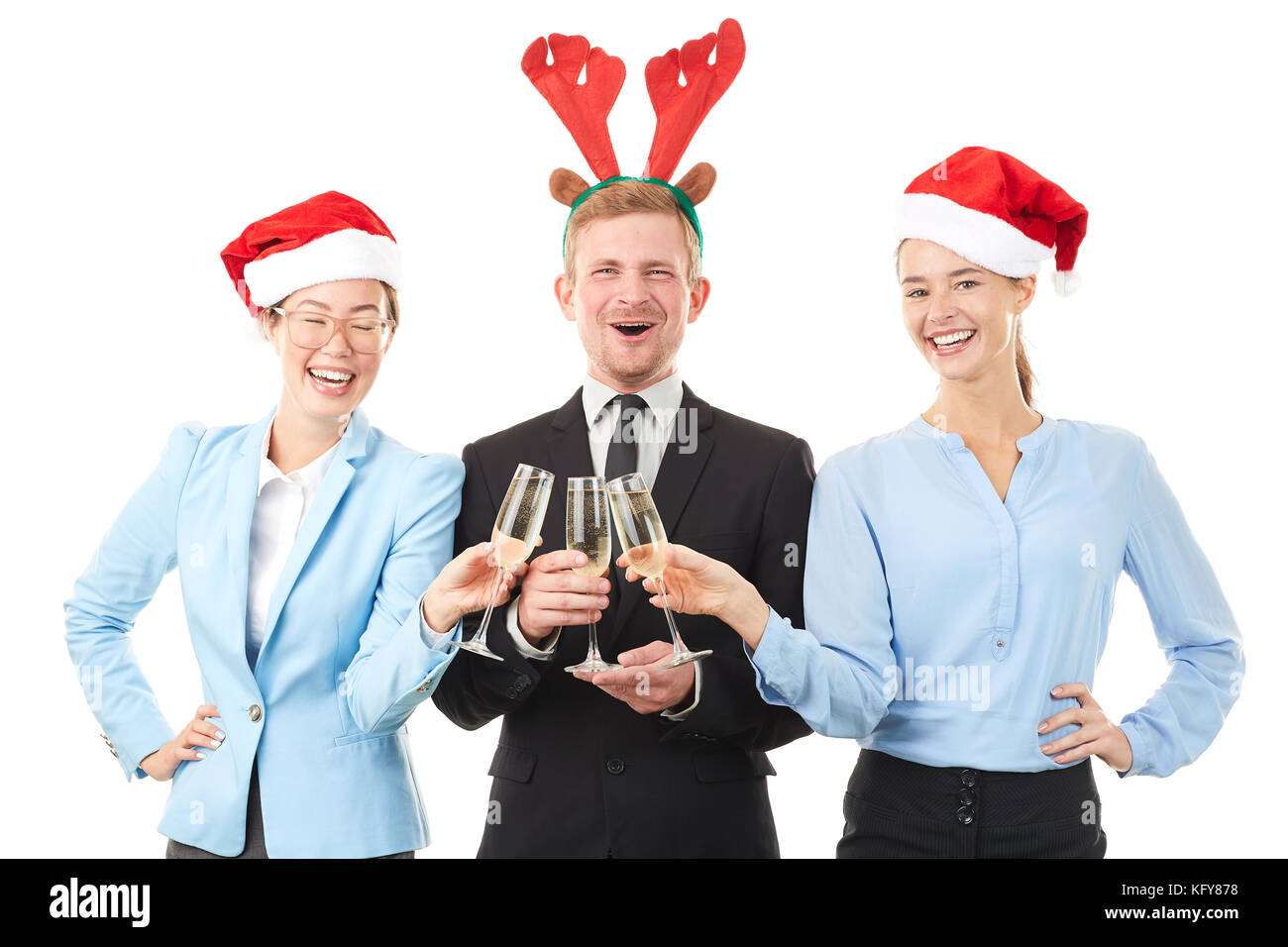 Portrait of office workers wearing Santa hats and reindeer headbands ...